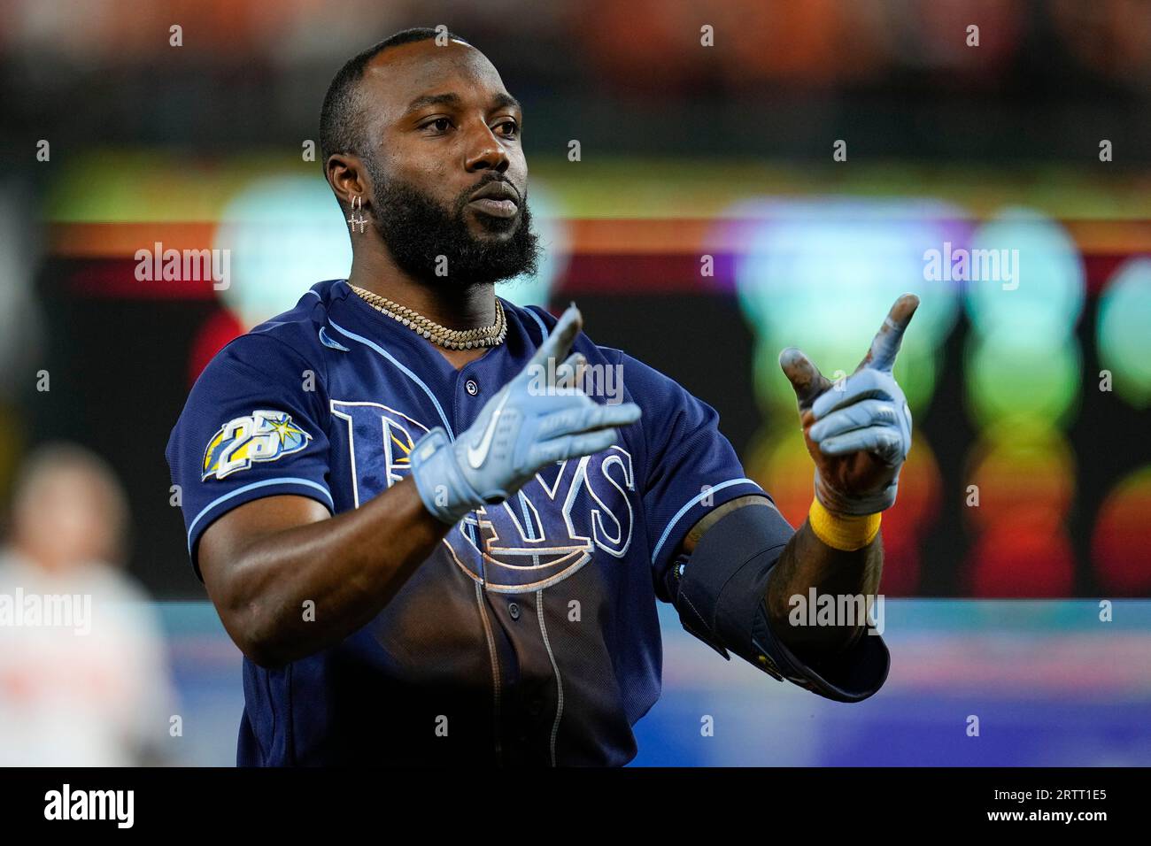 Tampa Bay Rays' Randy Arozarena reacts after hitting a two-run triple ...