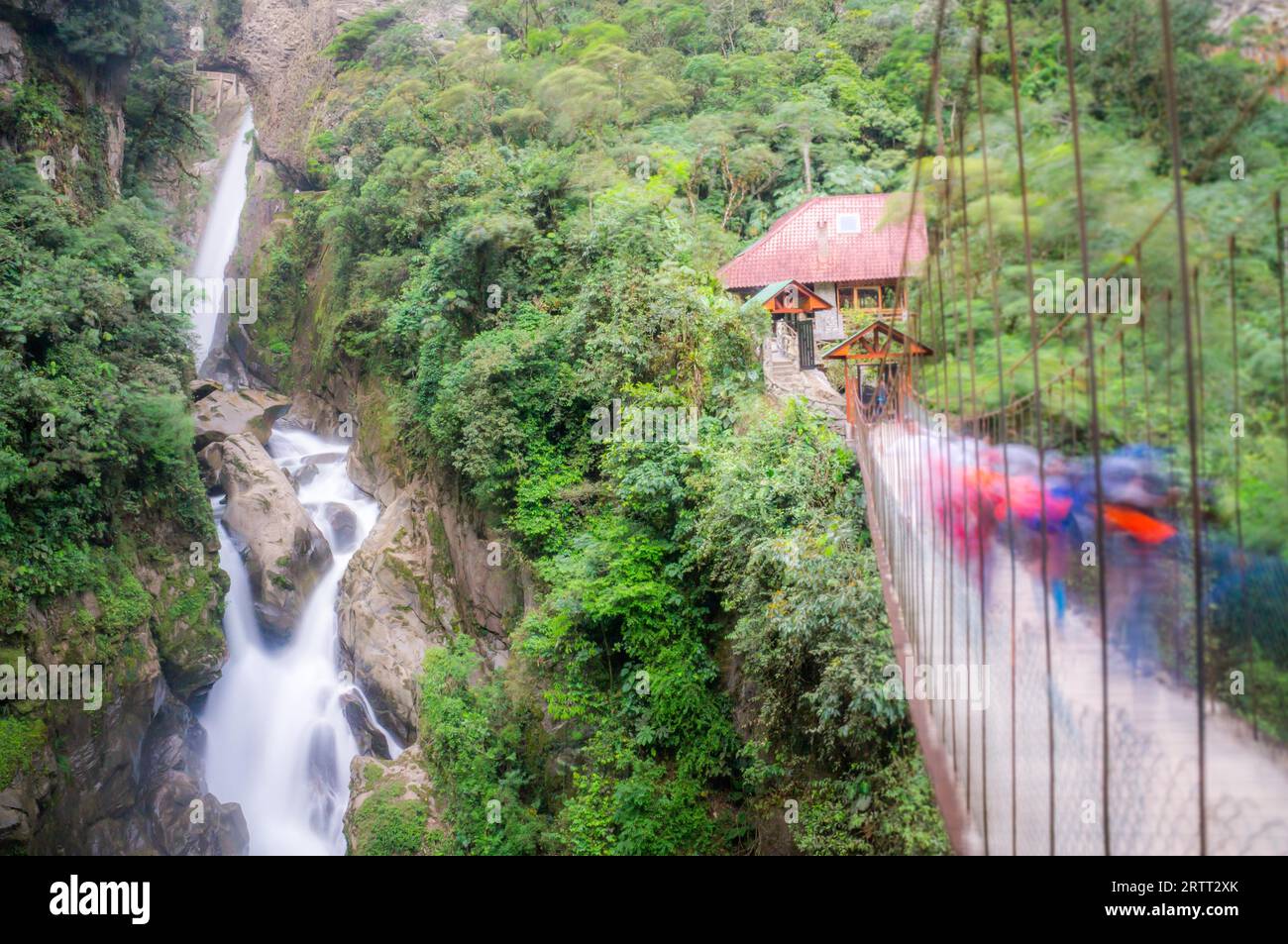 Pailon del Diablo: Mountain river and waterfall with a bridge in Banos ...
