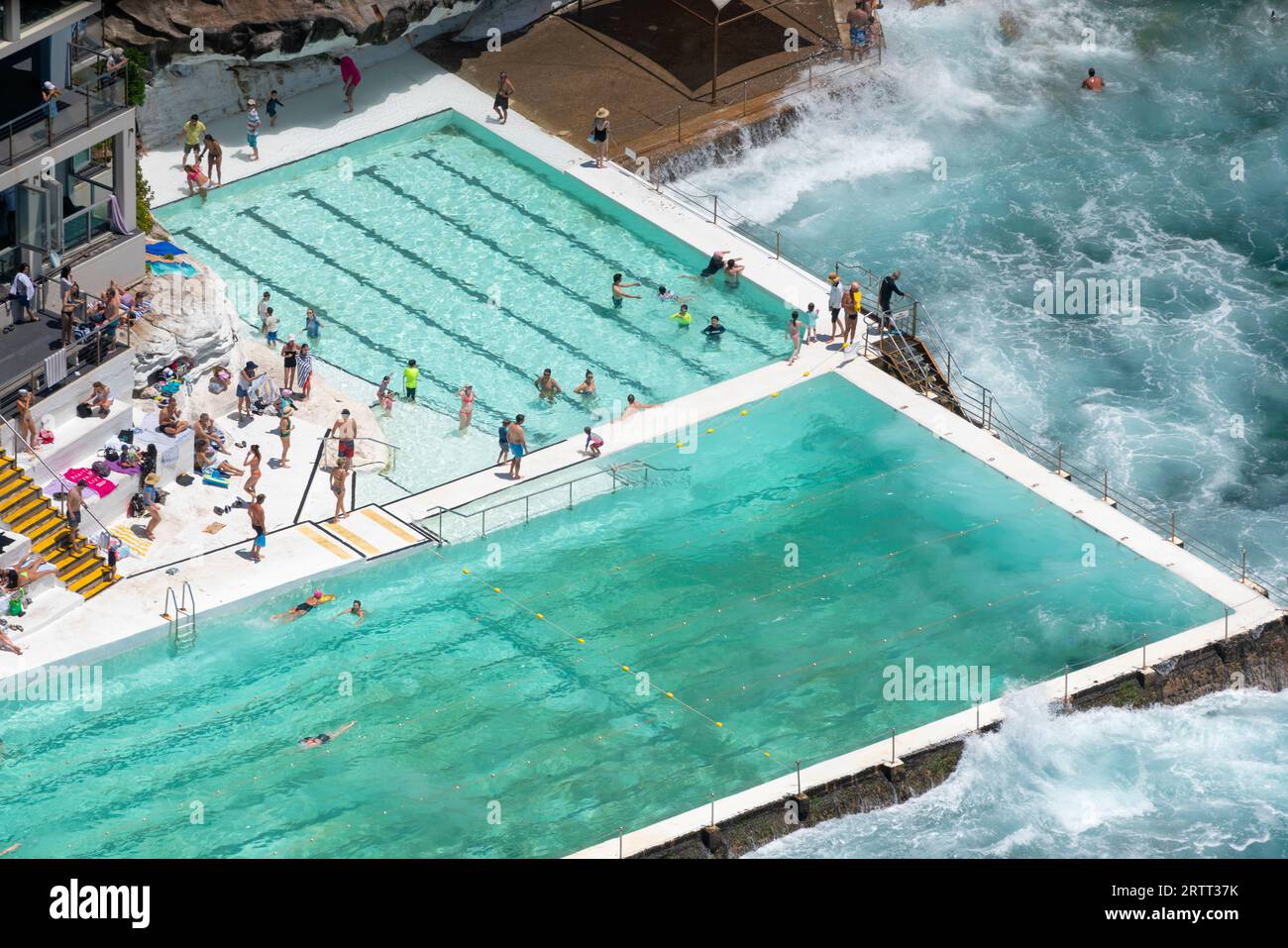 Aerial view of the Bondi Icebergs in the peak of a hot Australian ...