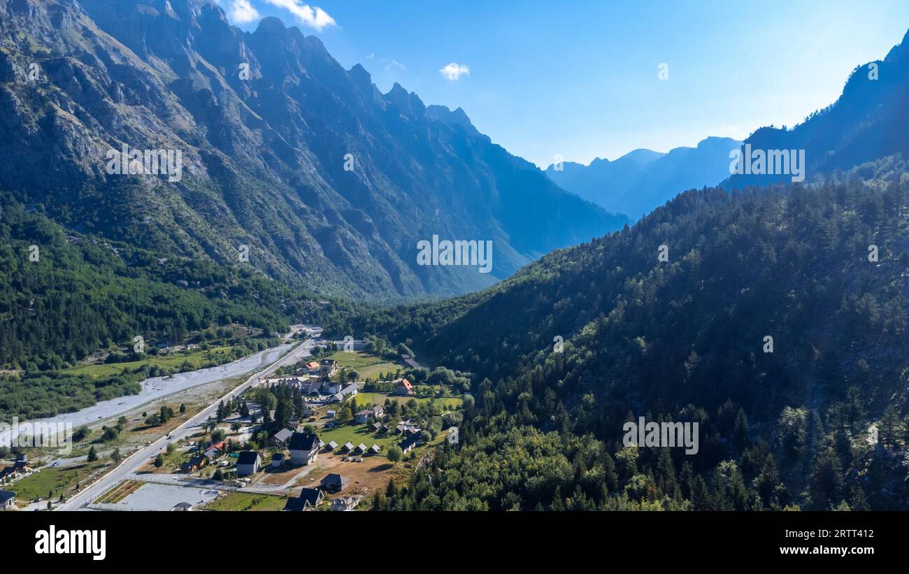 Aerial view of Valbona valley, Theth national park, Albanian Alps ...