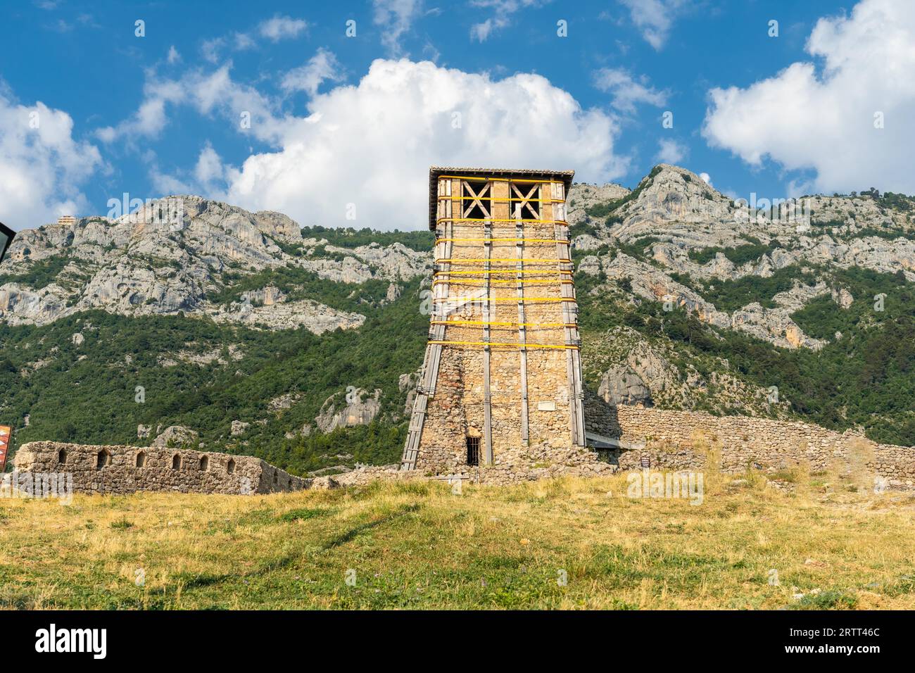 Tower of Kruja on top of Kruje Castle and its fortress with walls ...