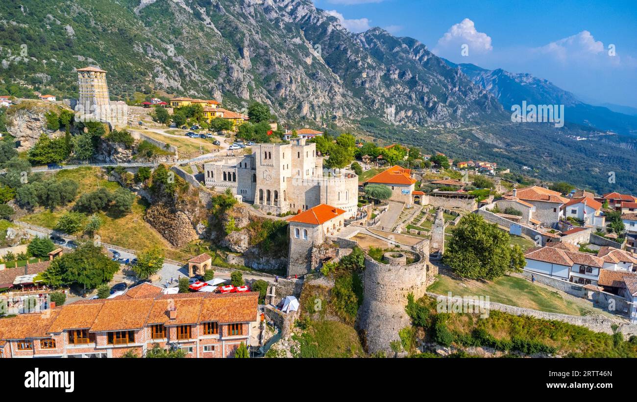 The beautiful Kruje Castle and its fortress seen from an aerial drone ...