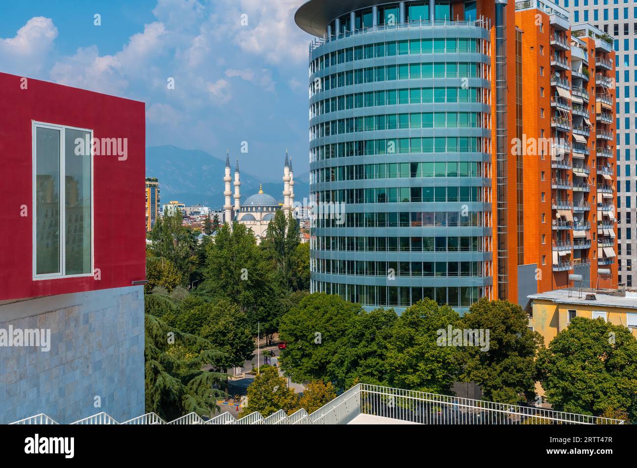 Very modern buildings seen from the Pyramid of Tirana near Skanderbeg ...