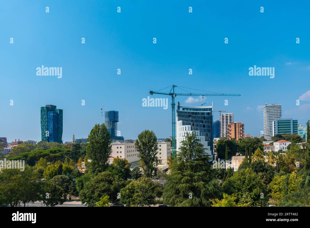 Very modern buildings seen from the Pyramid of Tirana near Skanderbeg ...