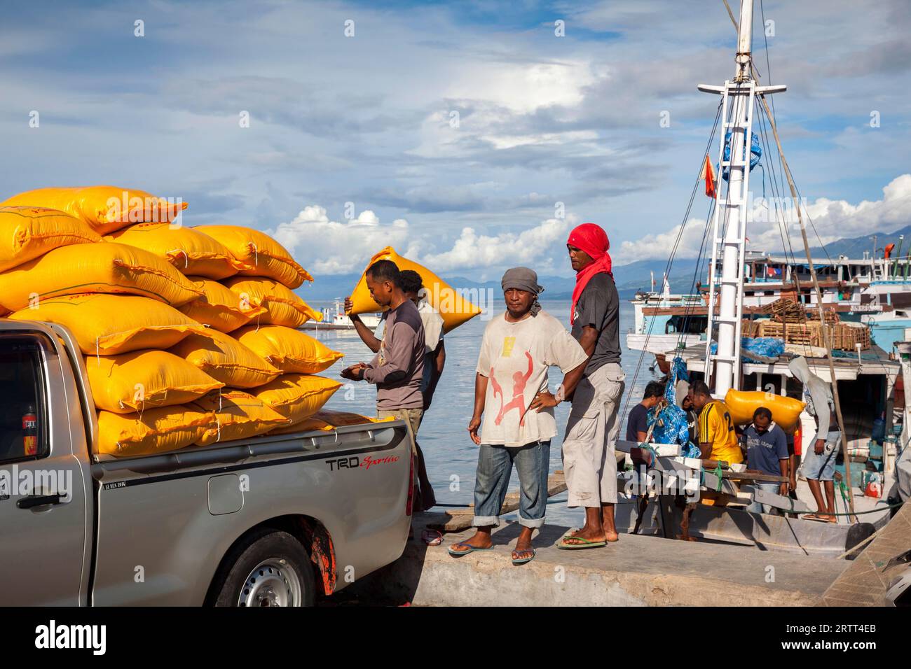 Loading bags from boat onto pickup truck, Maumere, Flores, Indonesia ...