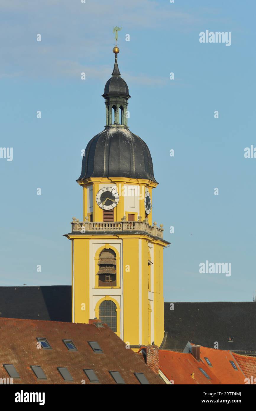 Tower of the baroque Protestant town church, church tower, Kitzingen ...