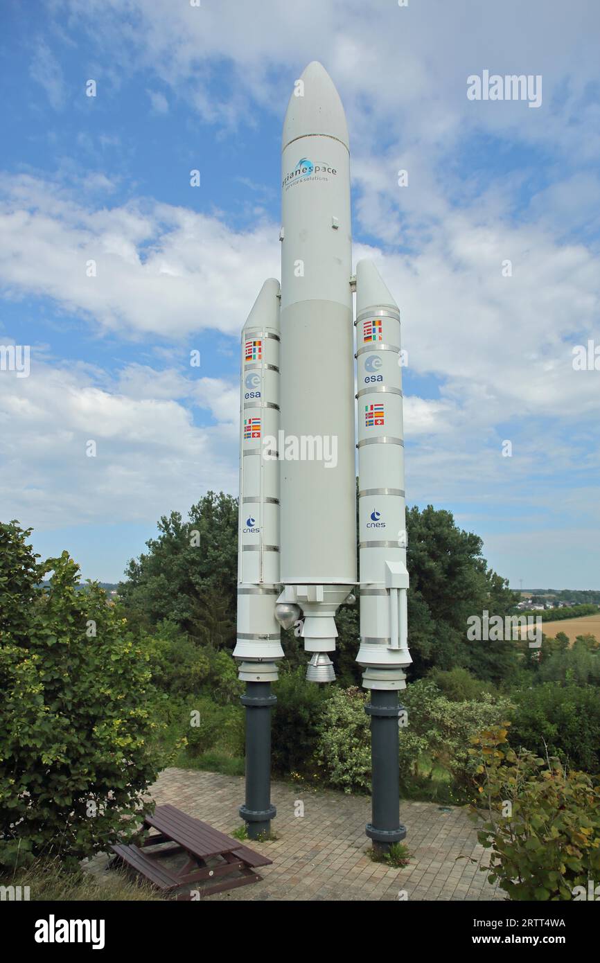 Monument to civil engineer Walter Hohmann with Ariane 5 launcher on a ...