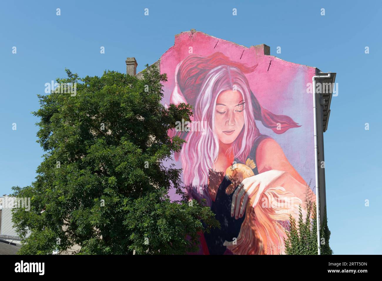 Mural, Woman with long hair holds fish with long hair, surreal mural by ...