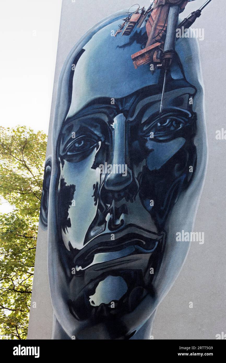 Mural, head of an artificial human, symbol cyber world, mural by street ...