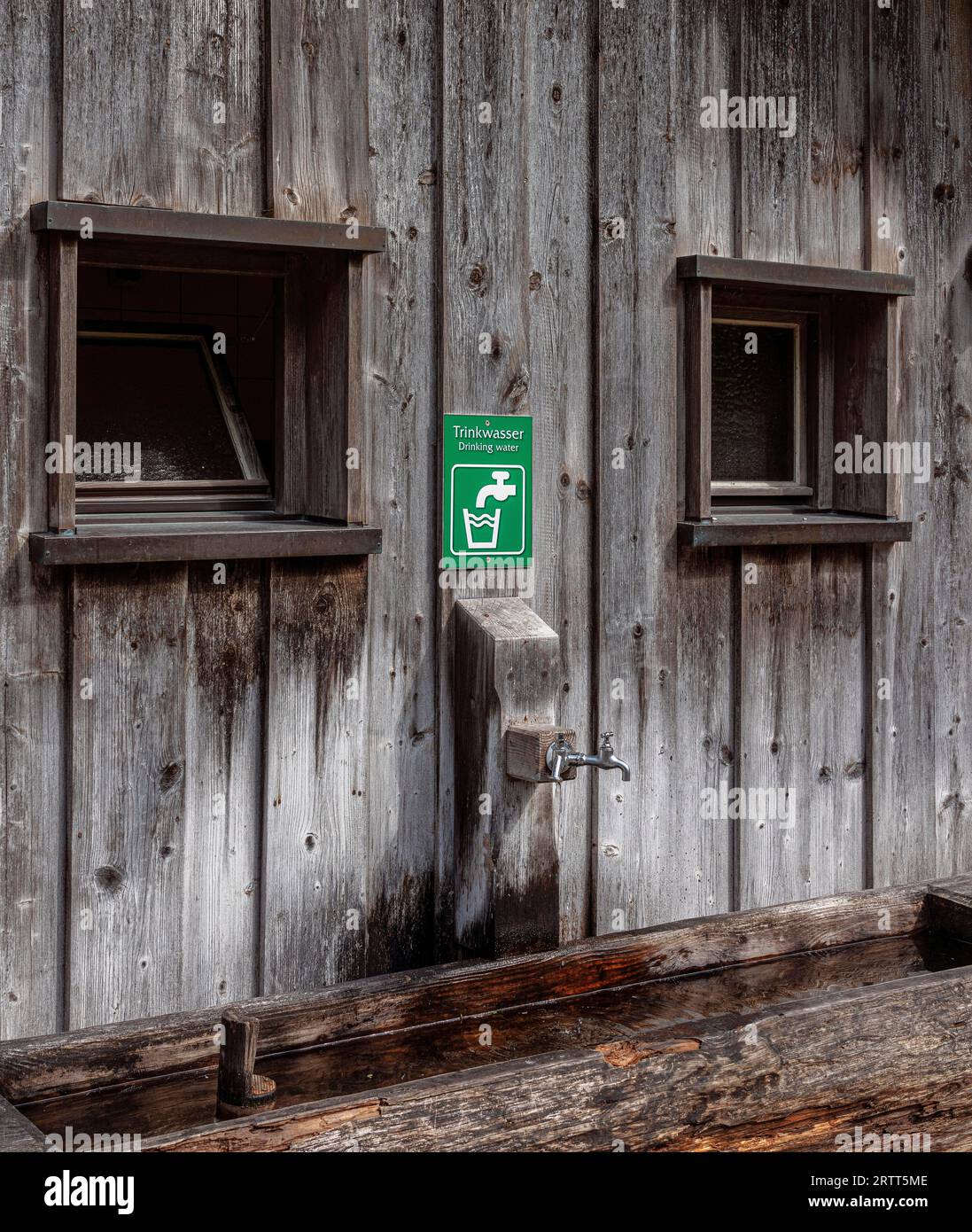 Drinking water on the wooden wall of a wooden shed, Bavaria, Germany ...