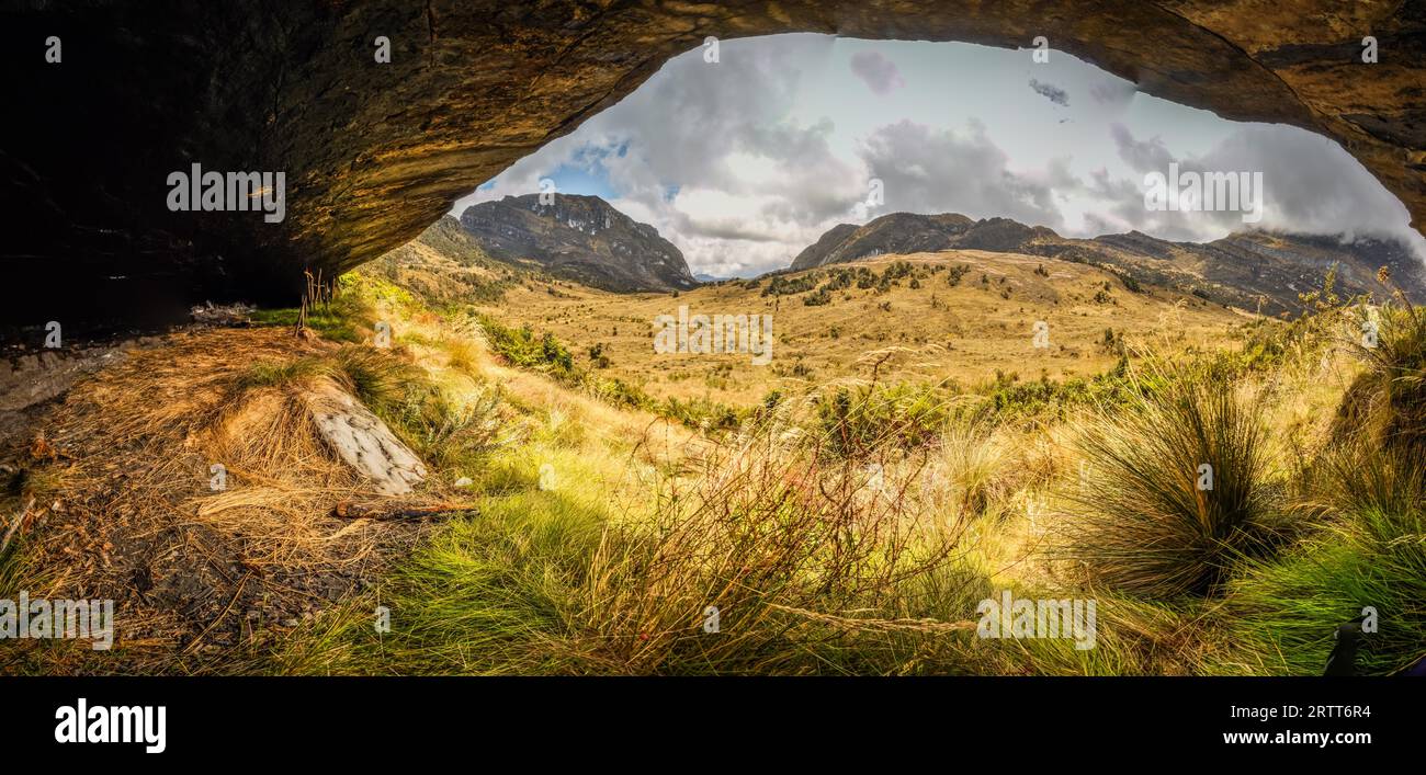 View of mountains and valley from cave in Trikora, Papua, Indonesia ...