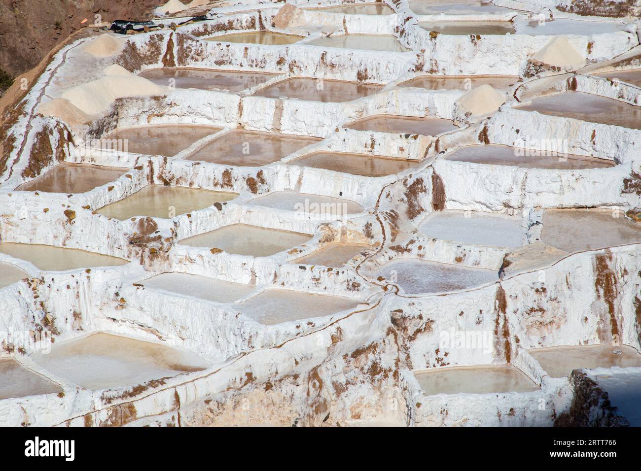 Maras, Peru, October 11, 2015: Salt evaporation ponds at the Maras salt ...
