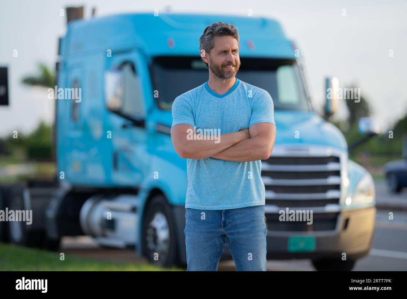 Men driver near lorry truck. Man owner truck . Serious middle aged man ...