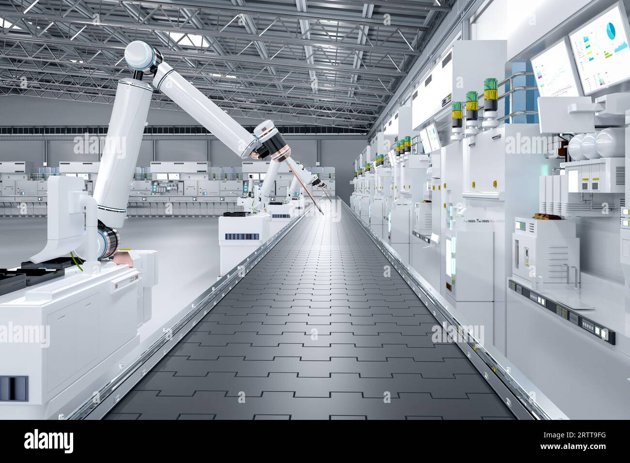 Automation industry concept with 3d rendering robot assembly line and empty conveyor belt in ...