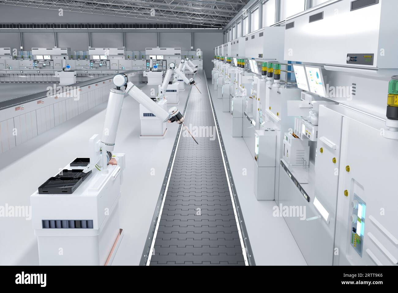 Automation industry concept with 3d rendering robot assembly line and empty conveyor belt in ...