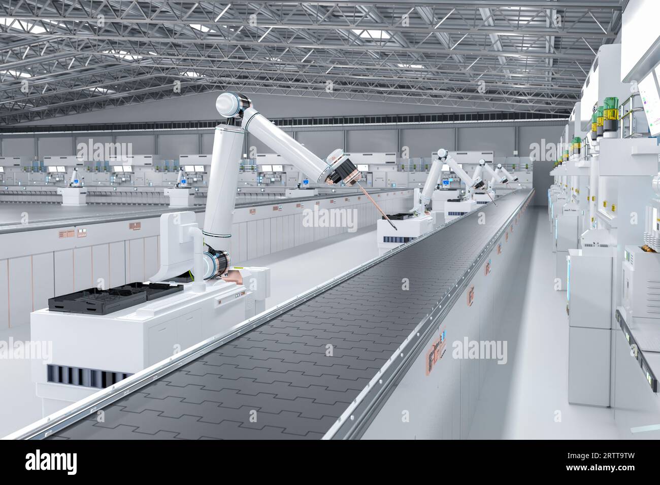 Automation industry concept with 3d rendering robot assembly line and empty conveyor belt in ...