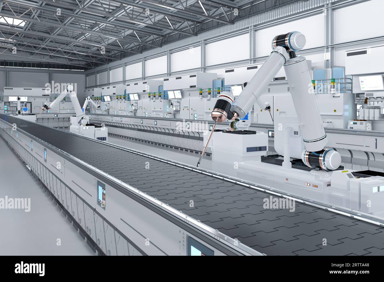 Automation industry concept with 3d rendering robot assembly line and empty conveyor belt in ...