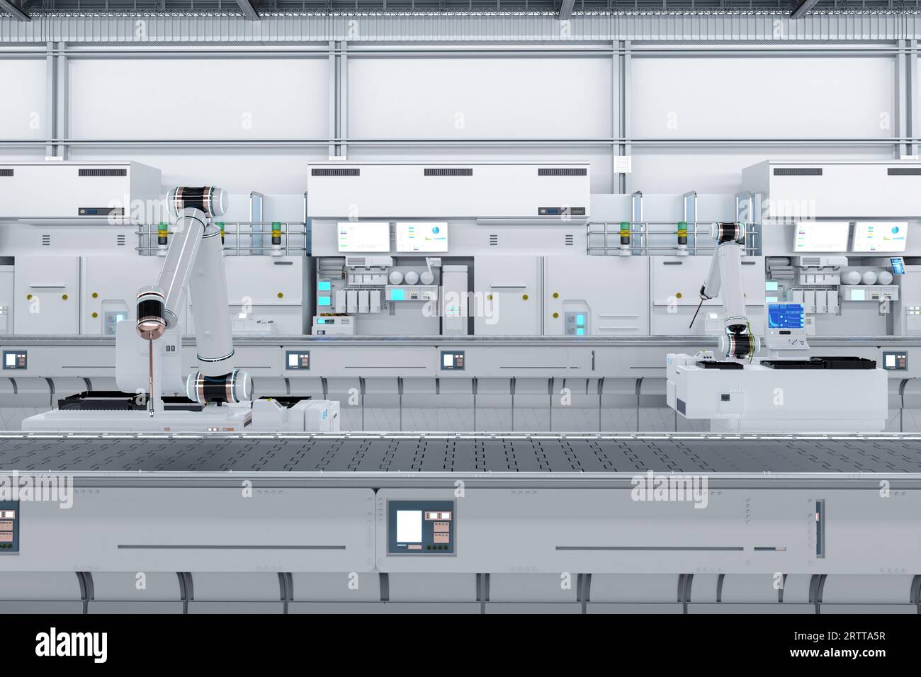 Automation industry concept with 3d rendering robot assembly line and empty conveyor belt in ...