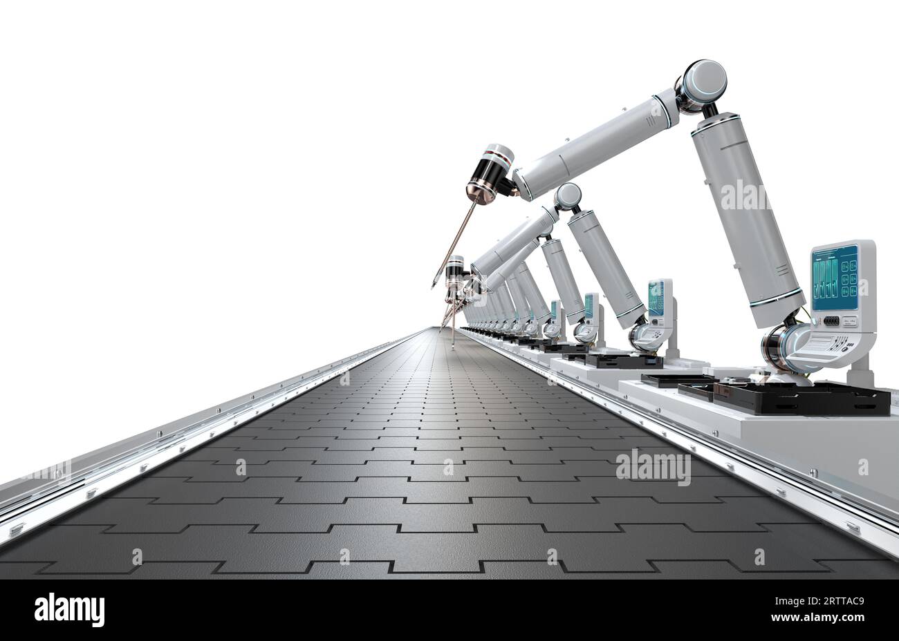 Automation industry concept with 3d rendering robot assembly line and empty conveyor belt in ...