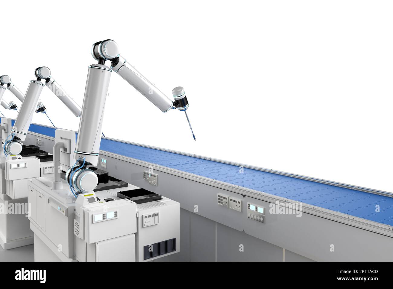 Automation industry concept with 3d rendering robot assembly line and empty conveyor belt in ...