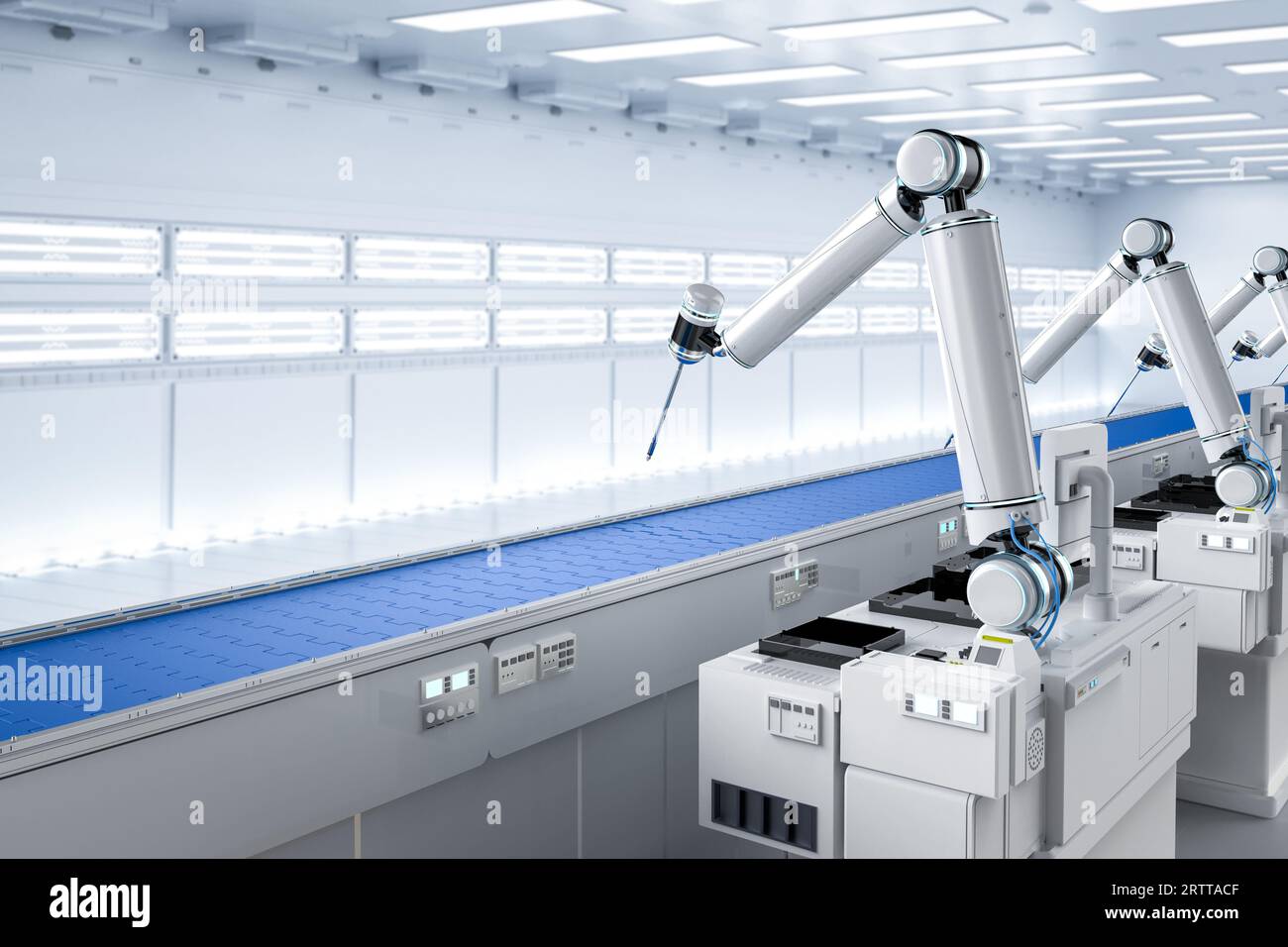 Automation industry concept with 3d rendering robot assembly line and empty conveyor belt in ...