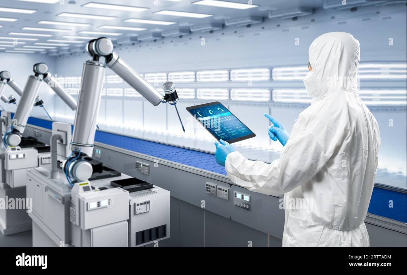 Engineer or technician control 3d rendering robot assembly line in factory with tablet Stock ...