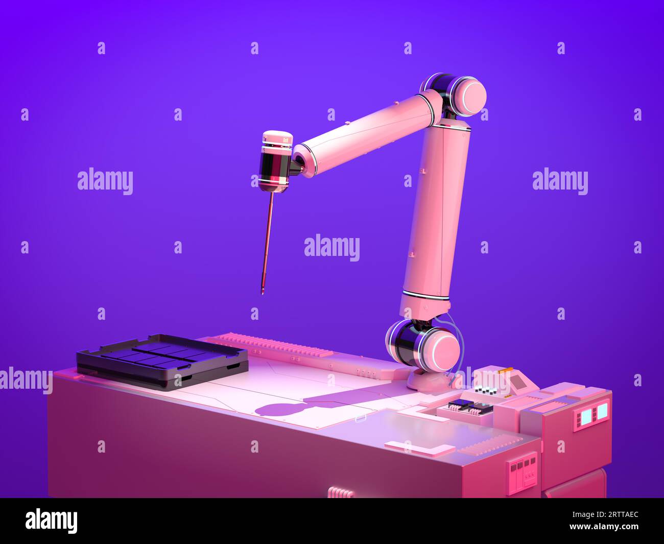 3d rendering neon glow robotic arm module on purple background Stock ...