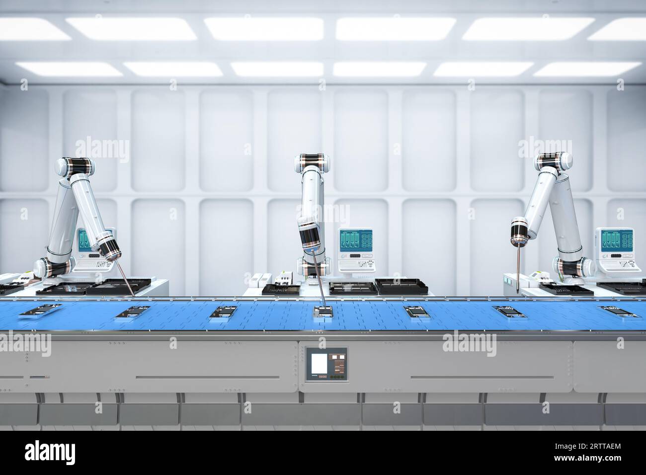 3d rendering robot assembly line with smartphone in factory Stock Photo ...