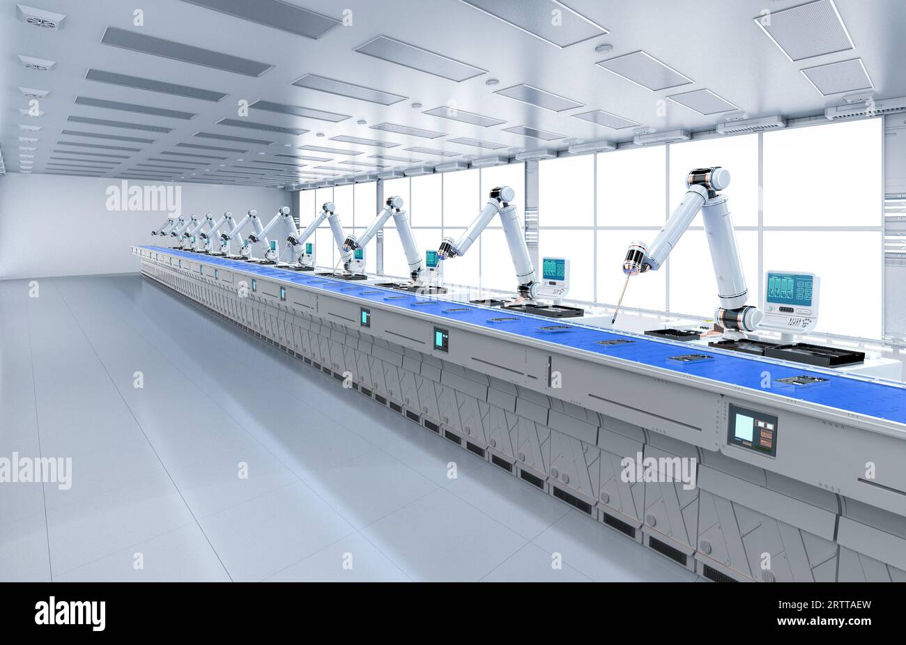 3d rendering robot assembly line with smartphone in factory Stock Photo ...