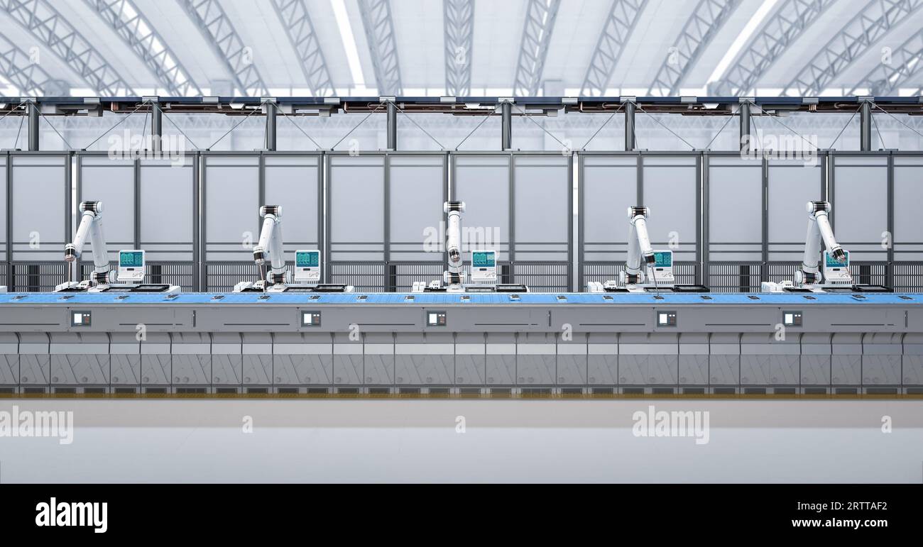 3d rendering robot assembly line with smartphone in factory Stock Photo ...