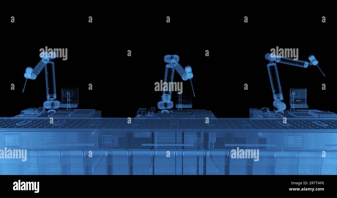 3d rendering x-ray robot assembly line with smartphone in factory Stock ...