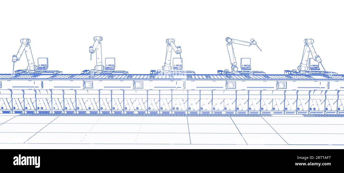 3d rendering blueprint of robot assembly line with smartphone on white ...