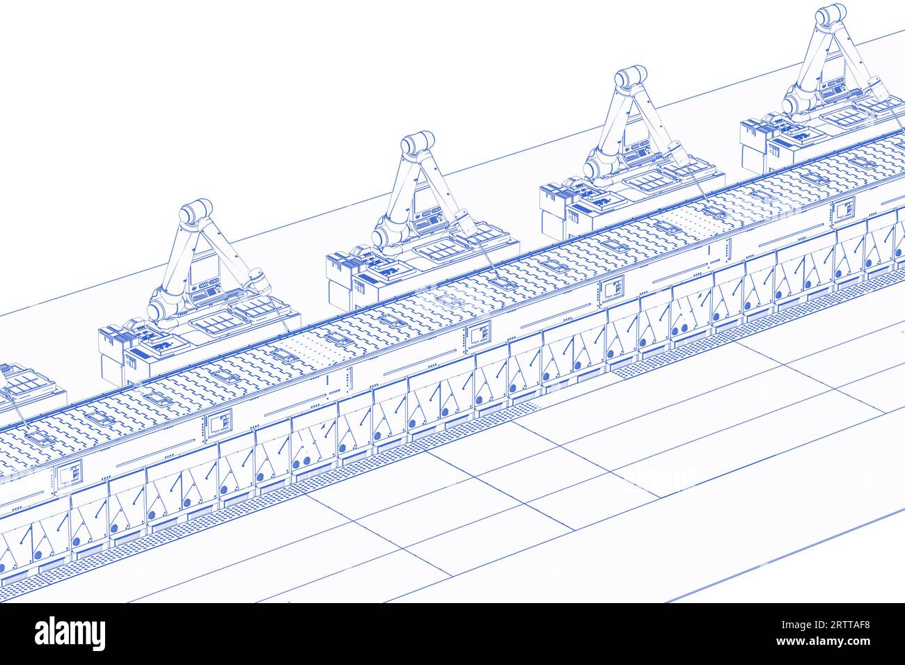 3d rendering blueprint of robot assembly line with smartphone on white ...