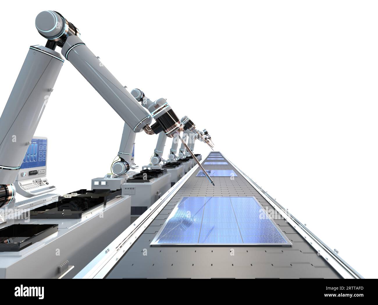 Automation industry with 3d rendering robot assembly line in solar ...