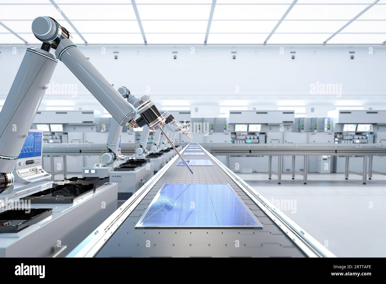Automation industry with 3d rendering robot assembly line in solar ...