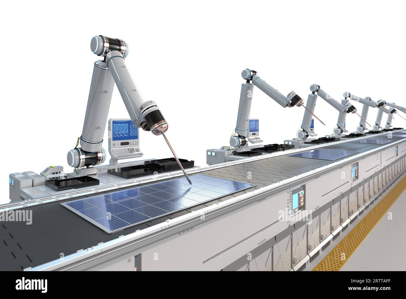 Automation industry with 3d rendering robot assembly line in solar ...