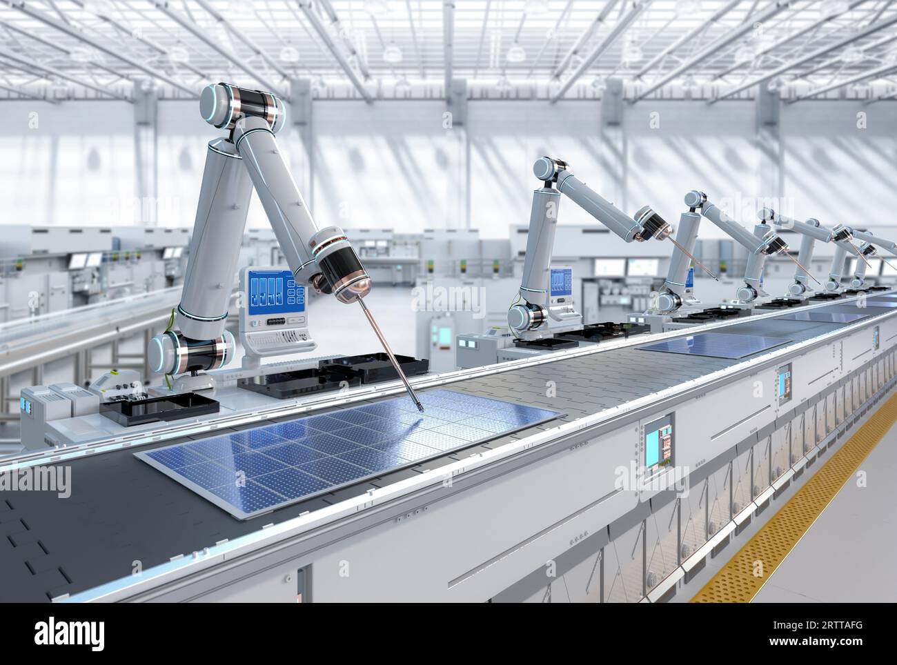 Automation industry with 3d rendering robot assembly line in solar ...
