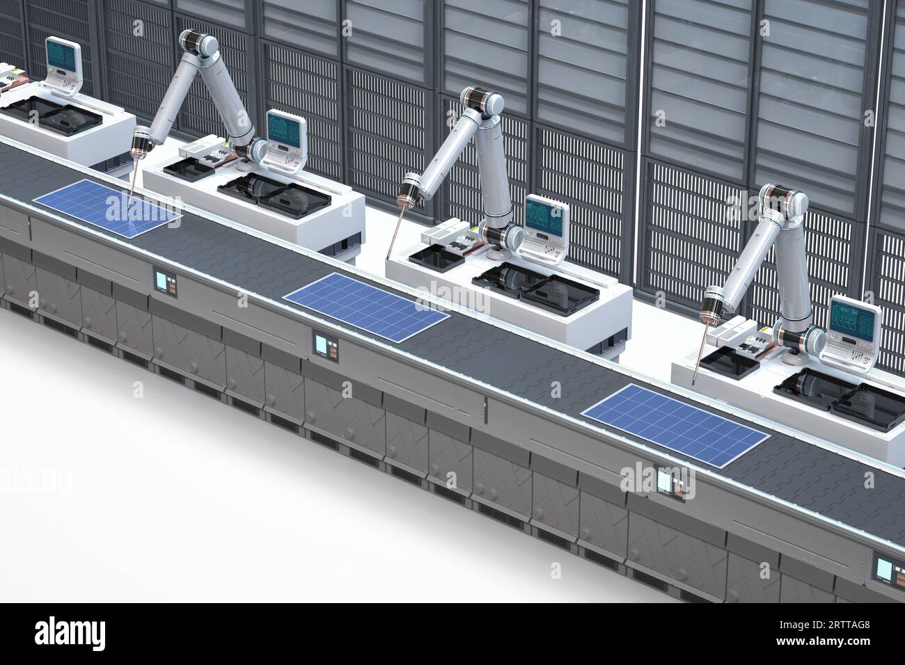 Automation industry with 3d rendering robot assembly line in solar panel factory Stock Photo - Alamy