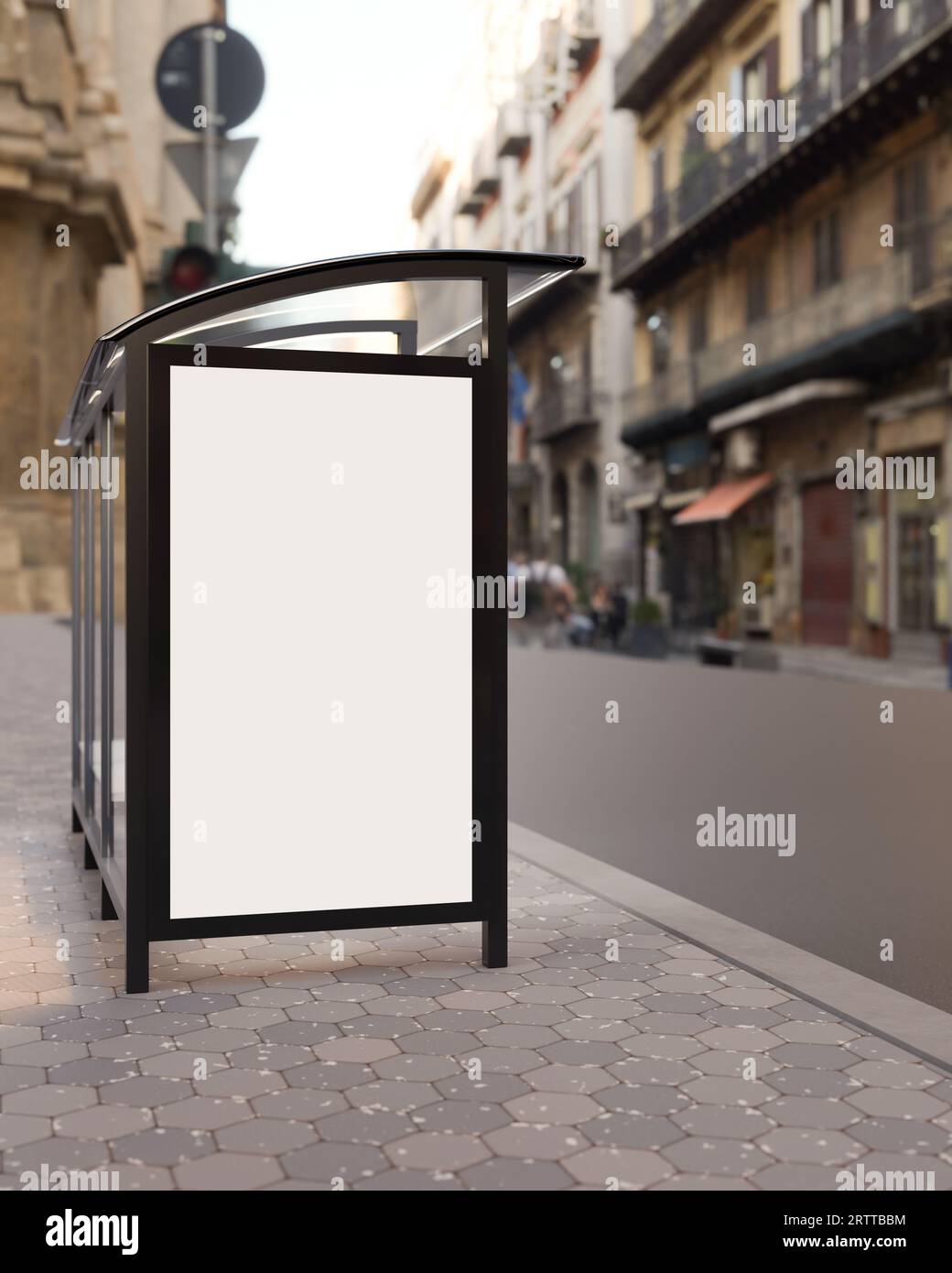A vertical white blank billboard mockup at a bus stop on a city street ...