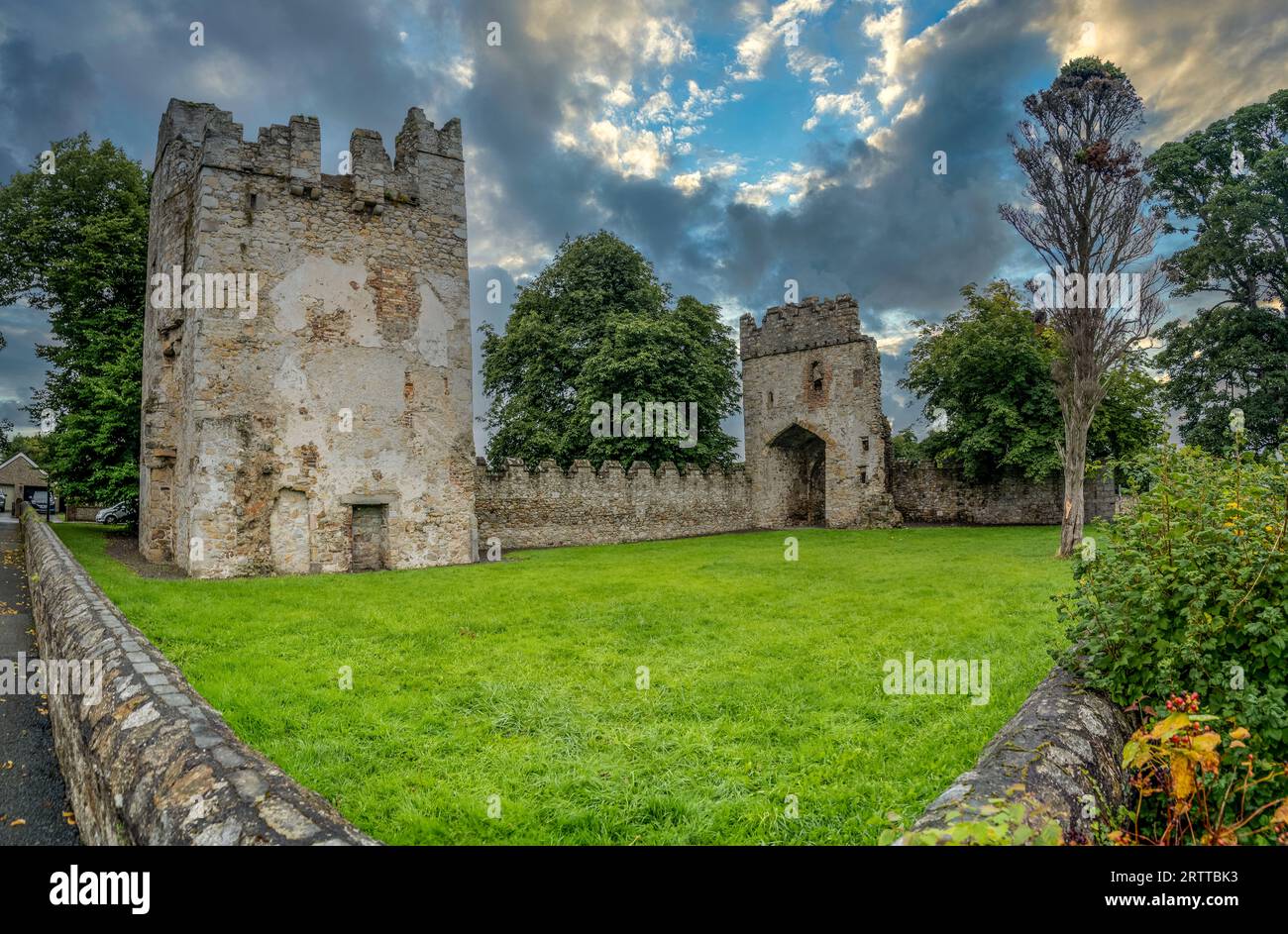 Aerial view of Monkstown castle near Dublin Ireland with restored gate ...
