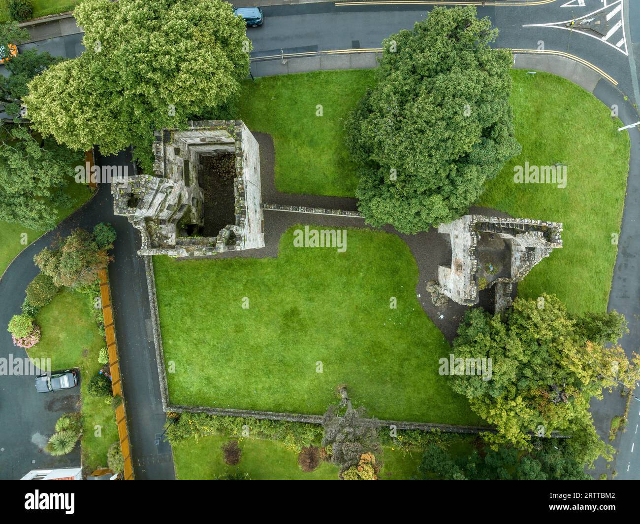Aerial view of Monkstown castle near Dublin Ireland with restored gate ...
