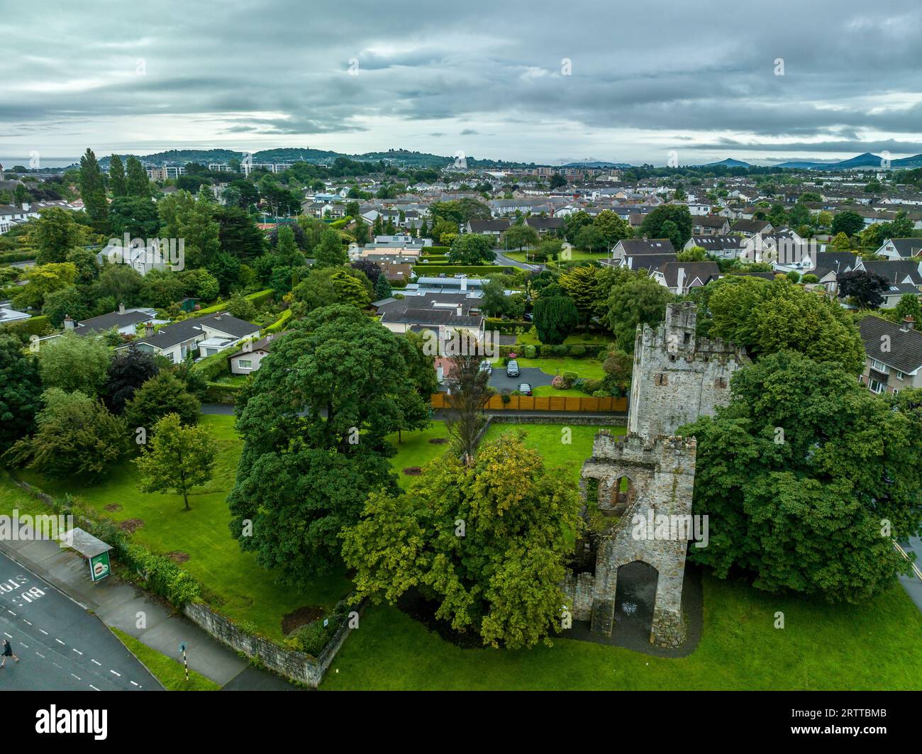 Aerial view of Monkstown castle near Dublin Ireland with restored gate ...