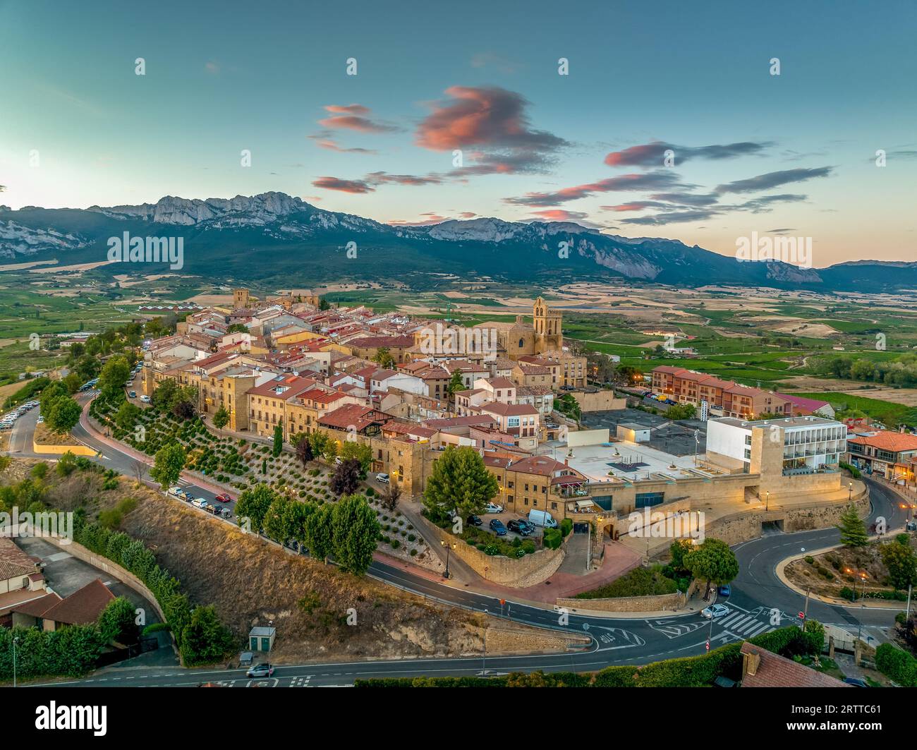 Aerial view of Laguardia medieval fortified hilltop village surrounded ...