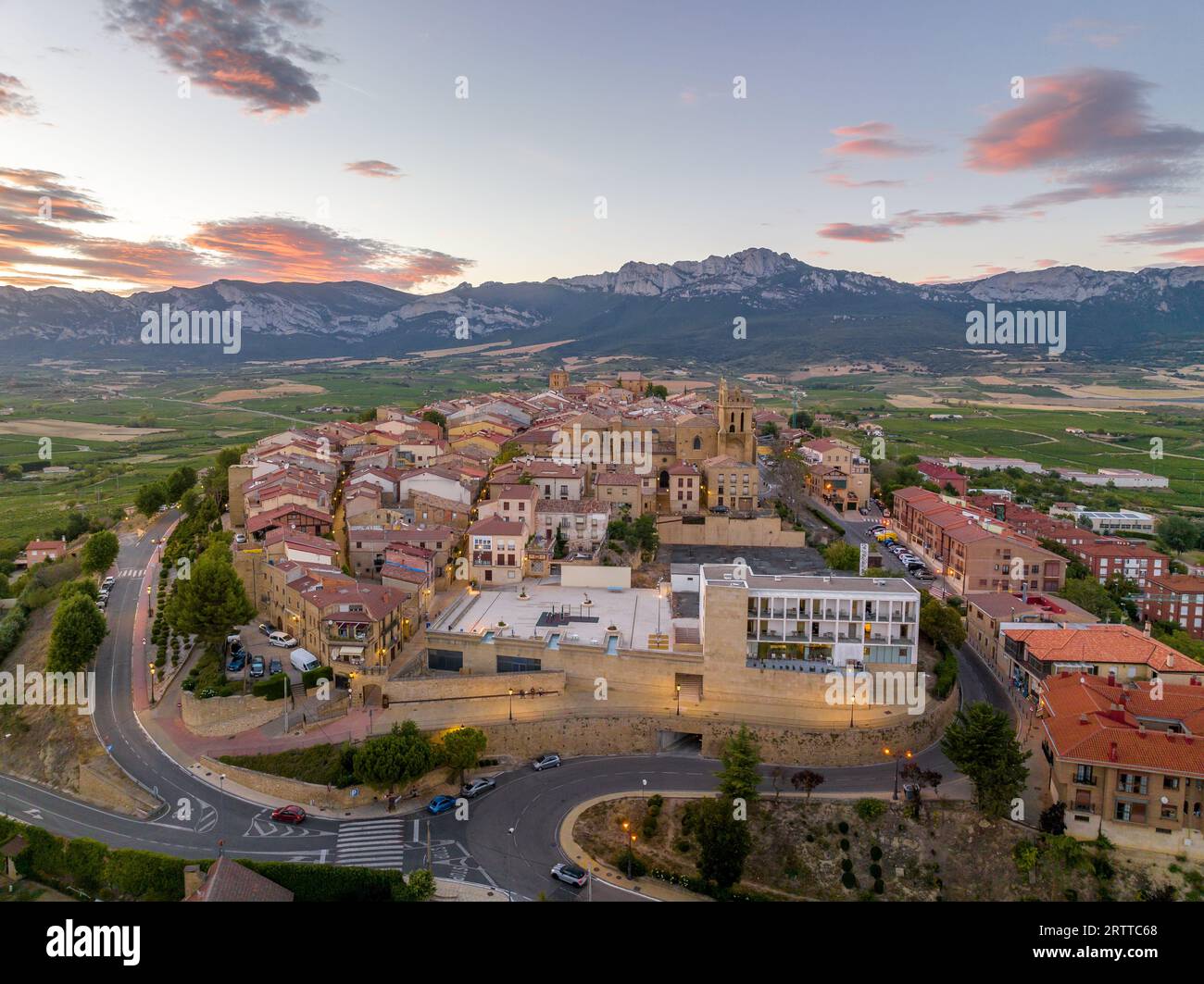 Aerial view of Laguardia medieval fortified hilltop village surrounded ...