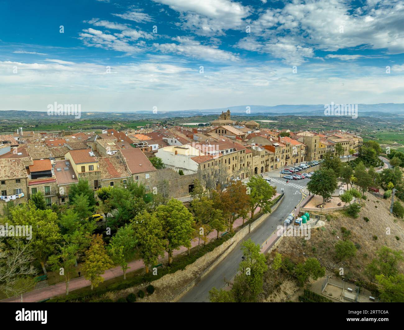 Aerial view of Laguardia medieval fortified hilltop village surrounded ...