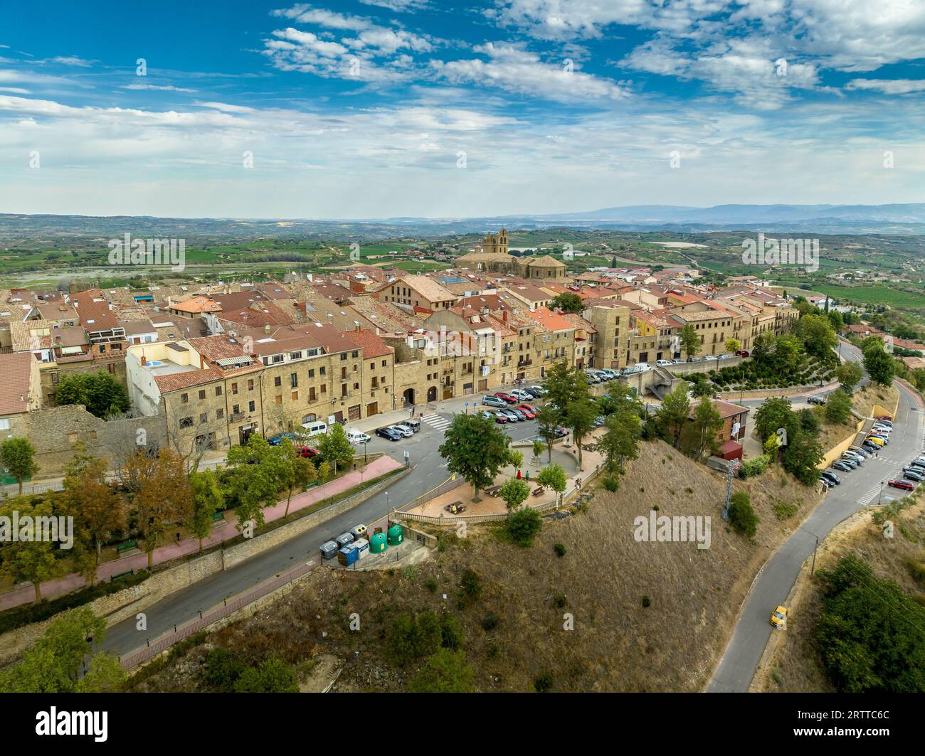 Aerial view of Laguardia medieval fortified hilltop village surrounded ...