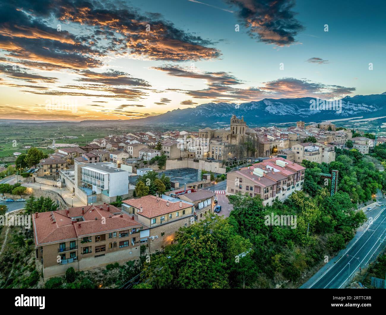 Aerial view of Laguardia medieval fortified hilltop village surrounded ...