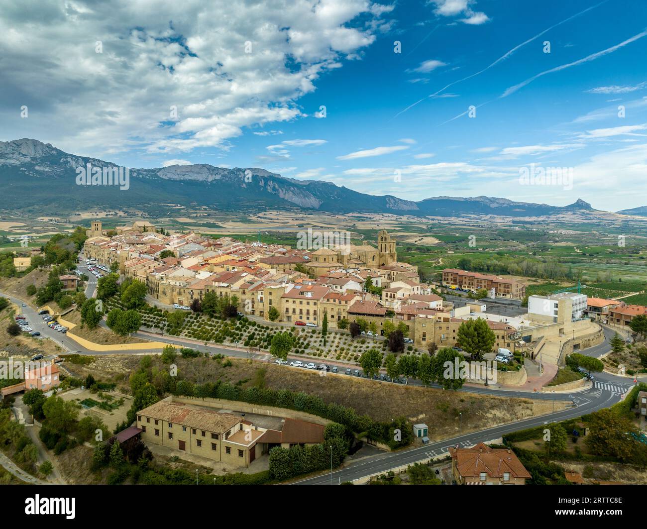 Aerial view of Laguardia medieval fortified hilltop village surrounded ...