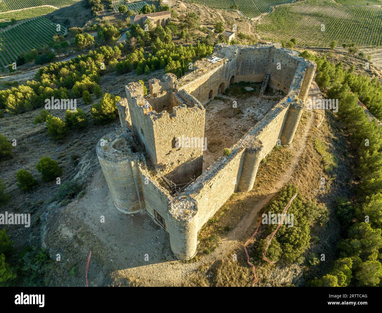 Aerial view of Davalillo castle above the Ebro river in Rioja Spain ...
