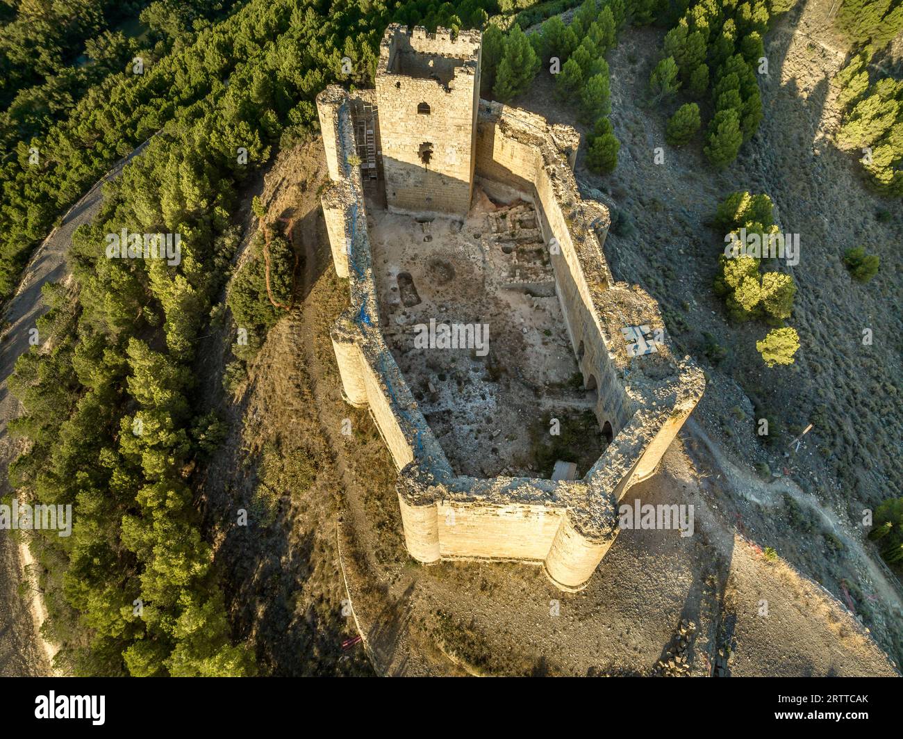 Aerial view of Davalillo castle above the Ebro river in Rioja Spain ...